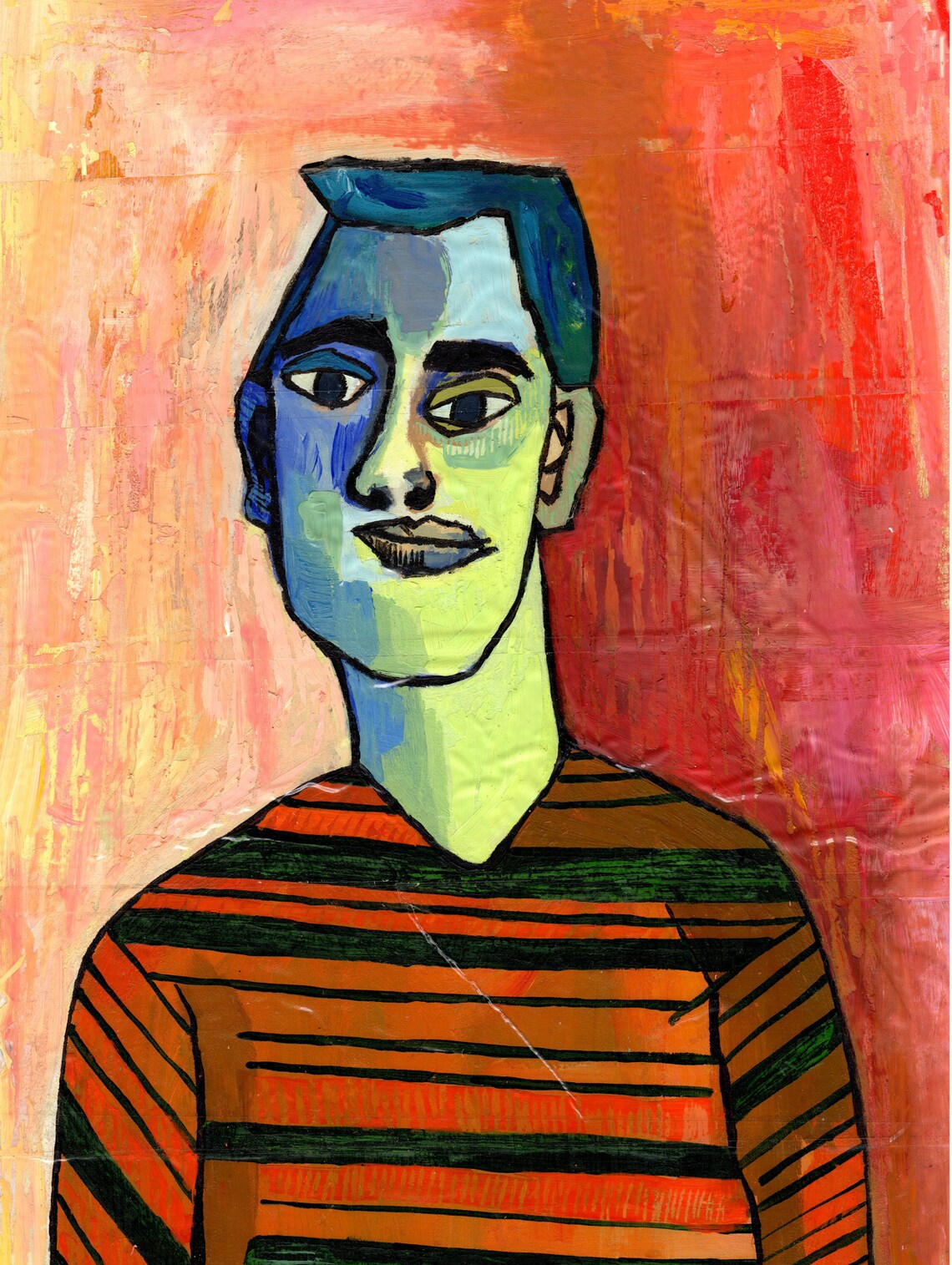 Abstract Painting, Portrait of a Man in Striped Shirt, Acrylic on ...