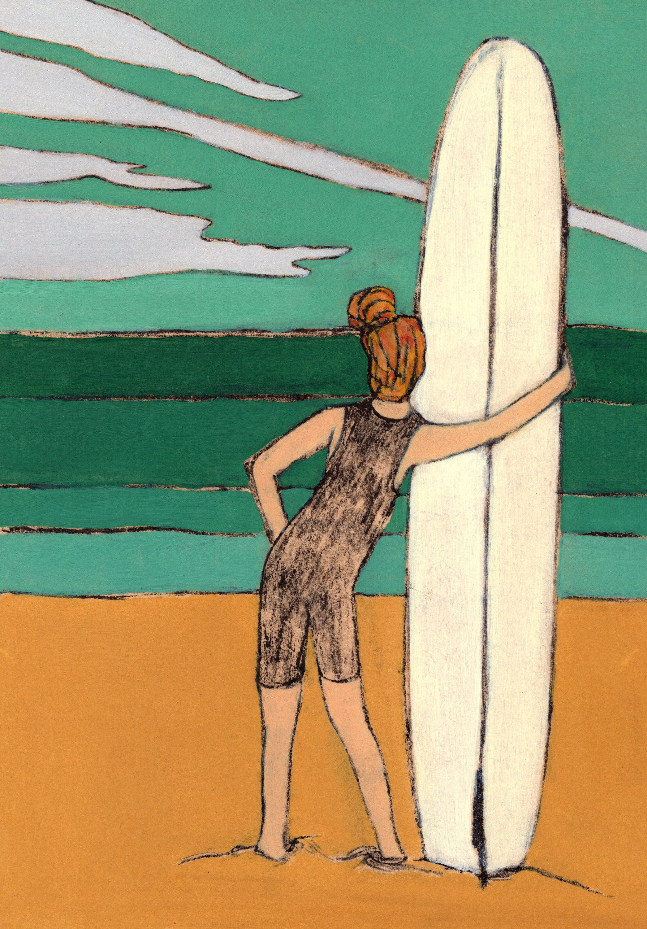 Surf Art, Retro Surfer Girl and Her Board, Oil on Hardboard, Giclee ...