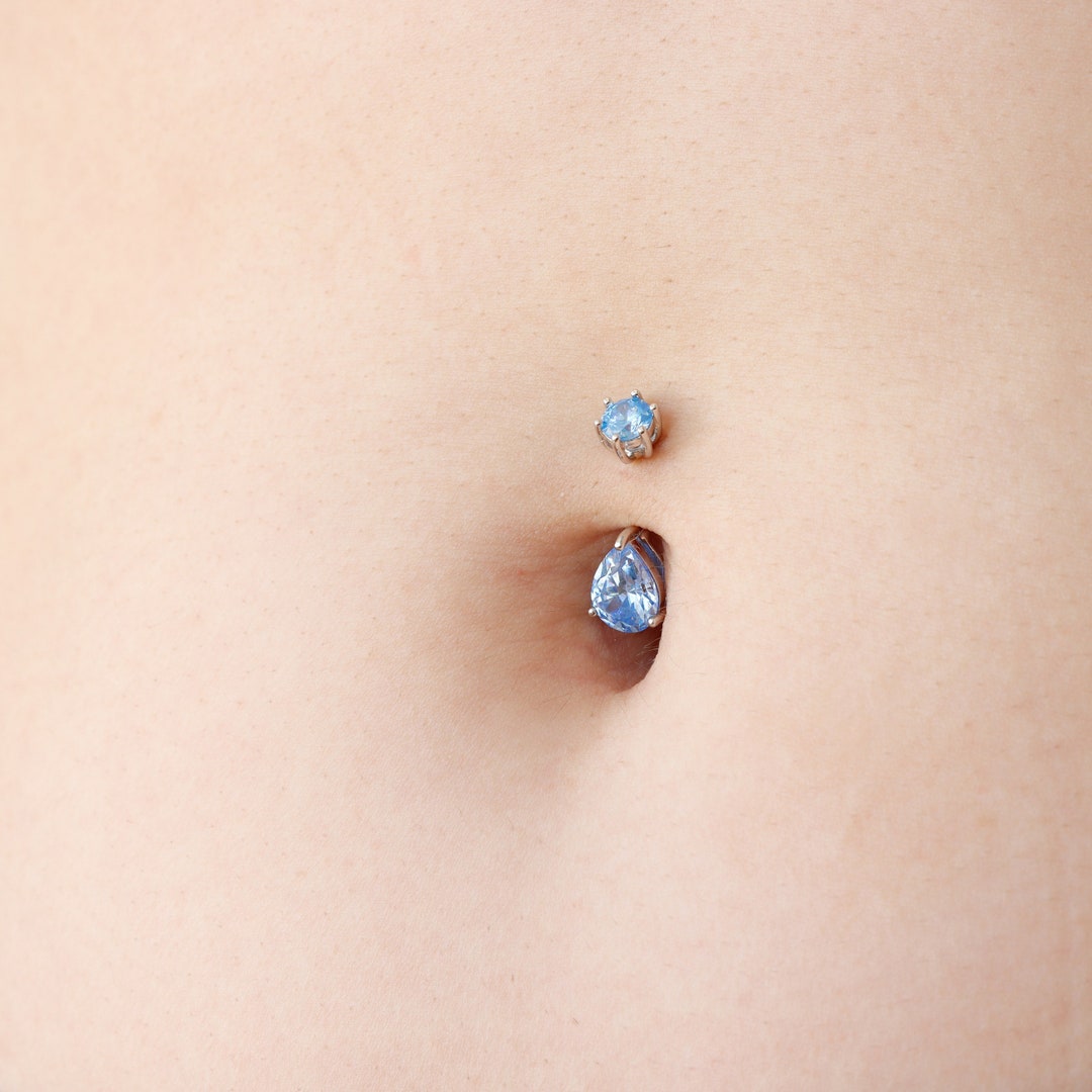 Solid 925 Silver Ocean Blue Crystal Teardrop Belly Ring | 6mm 1/4