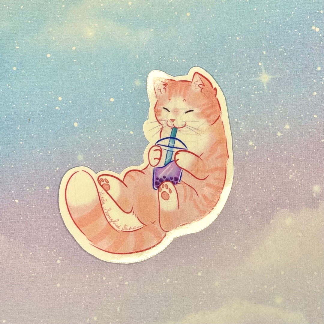 Boba Cat Sticker | Holographic Cat Sticker | Cute Cat Sticker | Die Cut ...