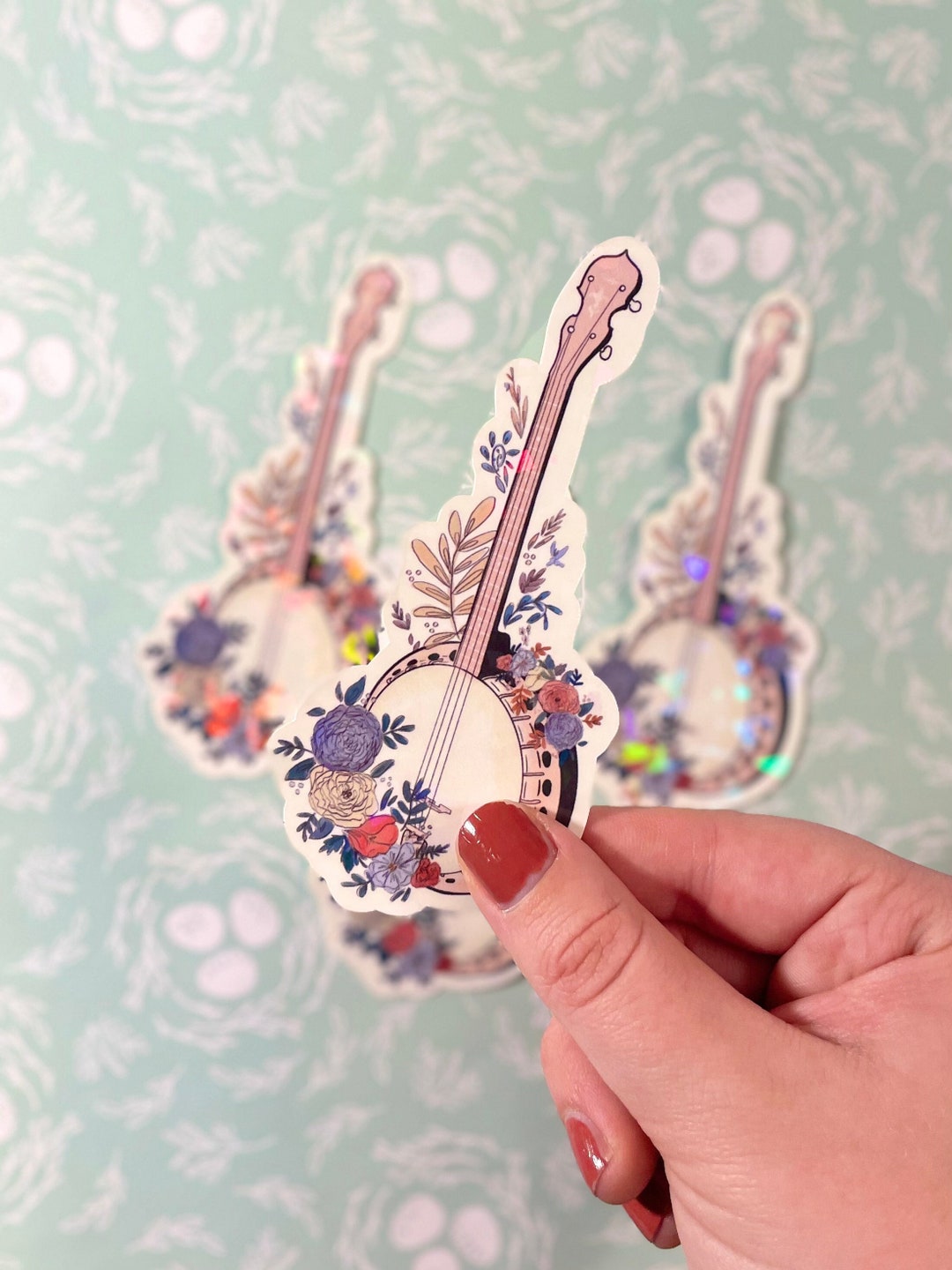 Floral Banjo Sticker | Holographic Sticker | Musician Sticker ...