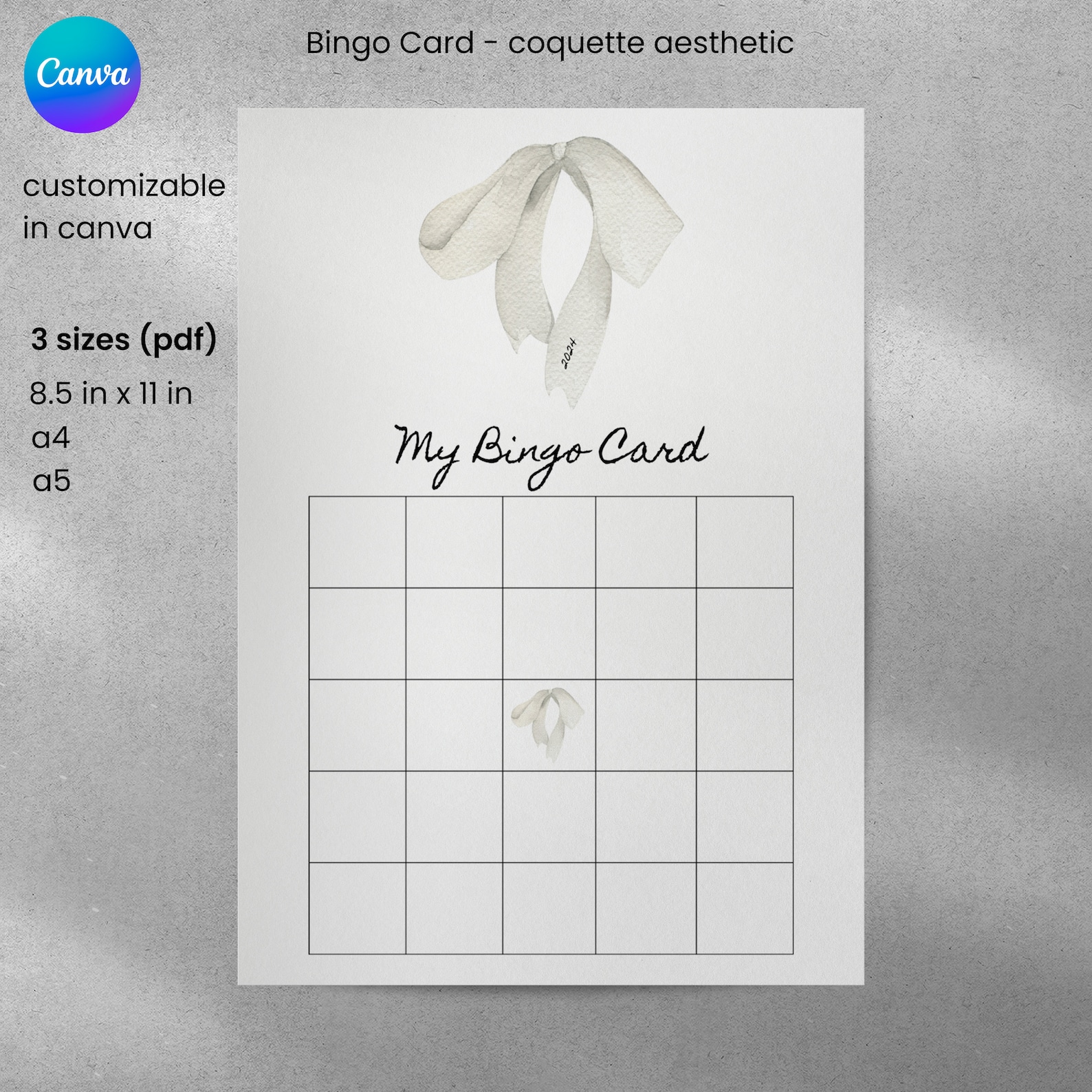 Bow Bingo Card, Editable Bingo Cards, Bingo Cards 2024, Printable Bingo ...