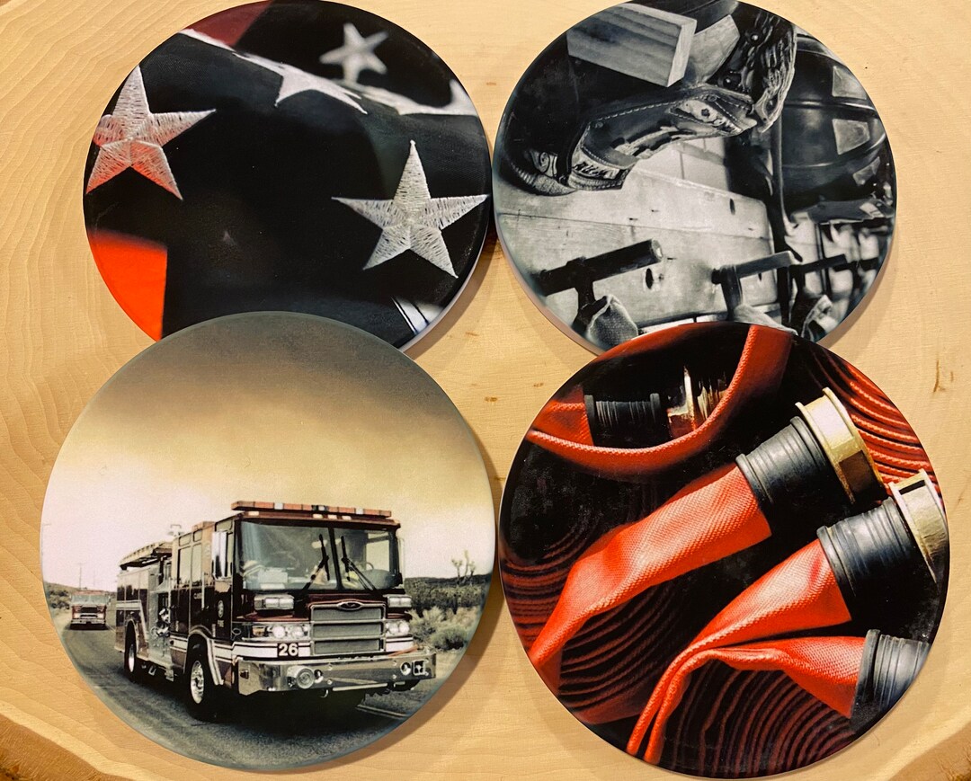 Firefighter Coaster Set, Fireman Ceramic Coasters, Firefighter ...