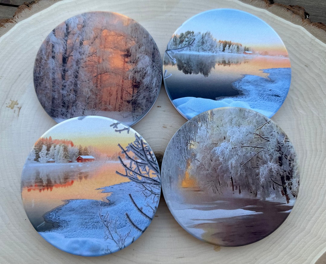 Winter Snow Theme Coaster Set, Ceramic Winter Snow Coasters, Winter ...