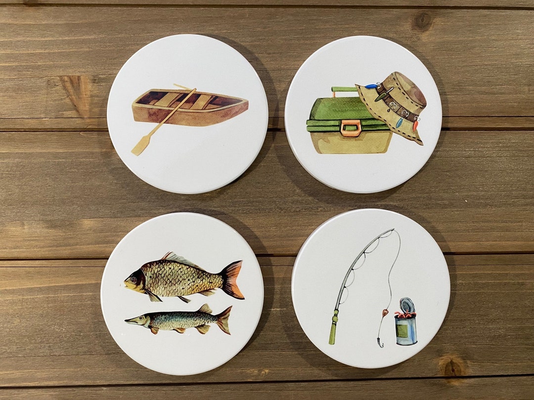 Fishing Coaster Set, Fisherman Lakehouse Coasters, Fish Themed Coasters ...
