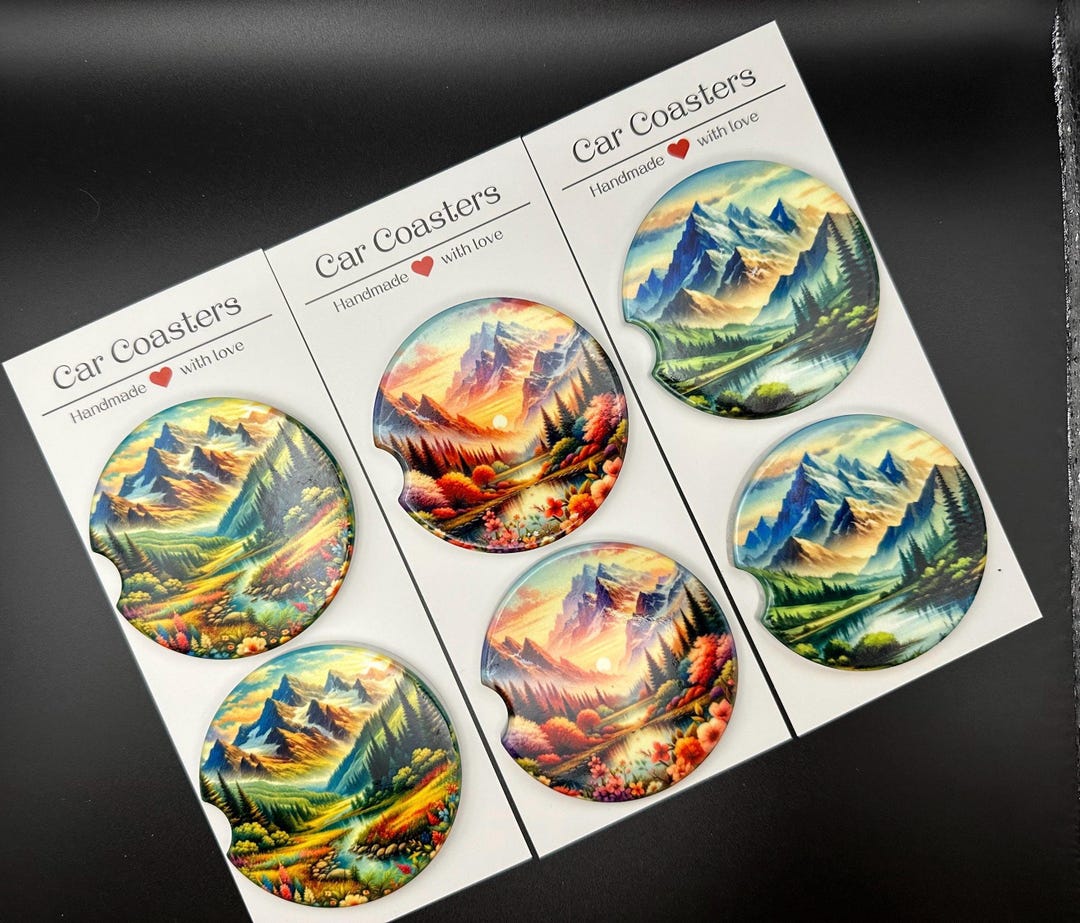 Car Coasters, Set of 2 Ceramic Car Mountain Scene Coasters, Cup Holder ...