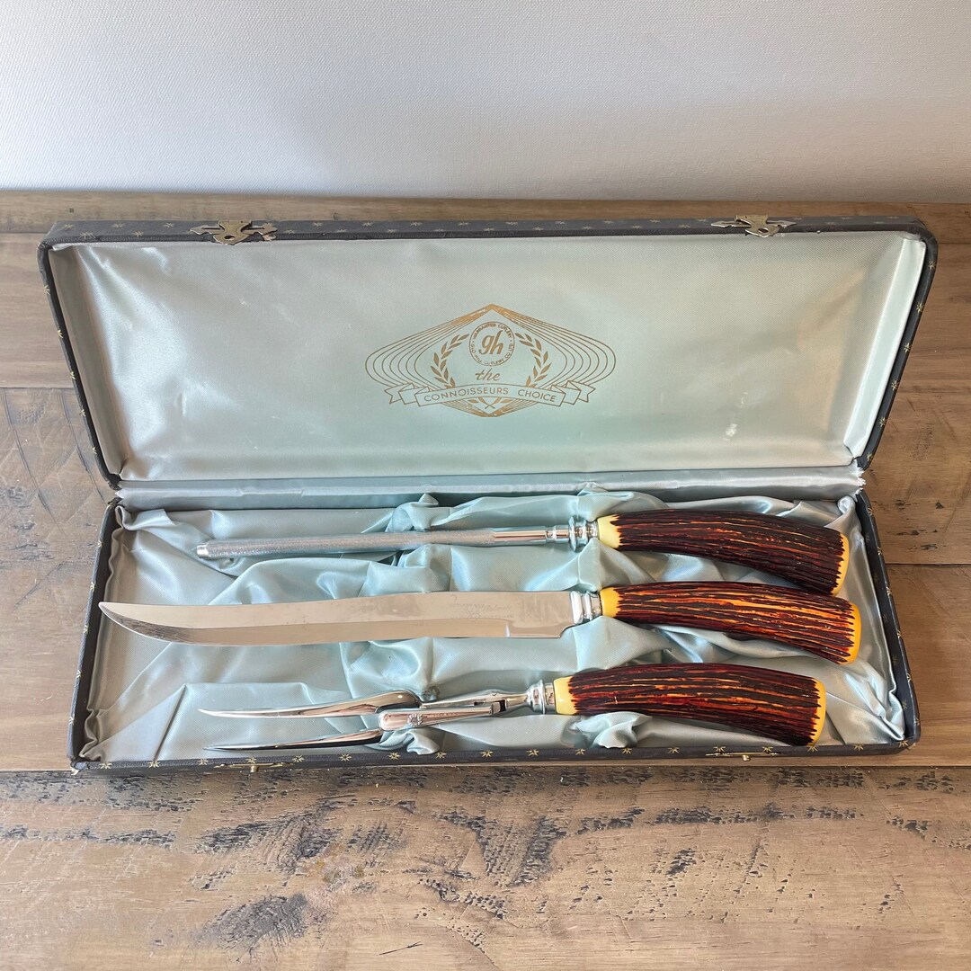 Vintage Cutlers John Palmer Carving Bread Knives & Bakelite Faux Antler ...