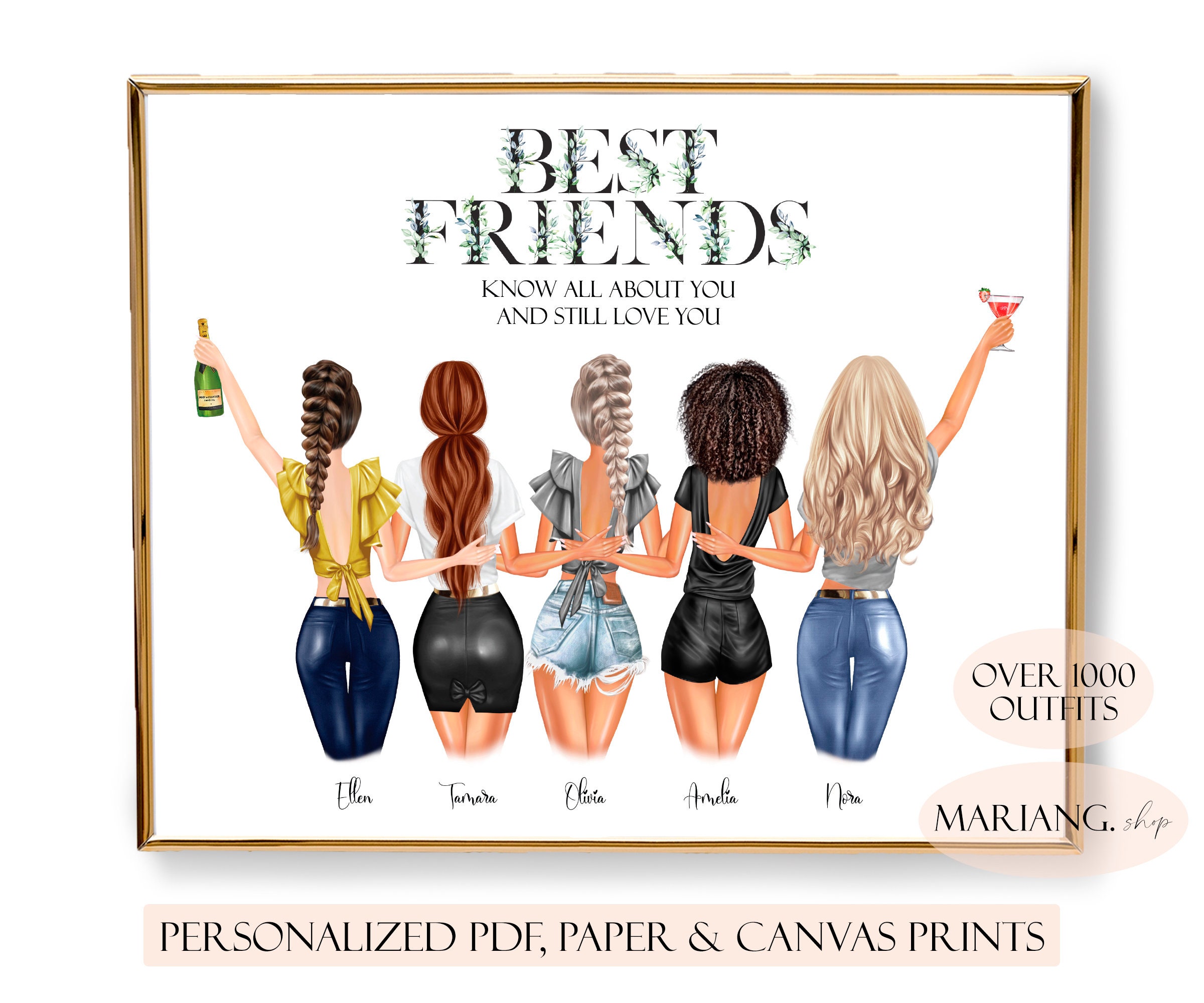 6 Best Friends Drawing Six Besties Print Friendship Poster Six | Etsy