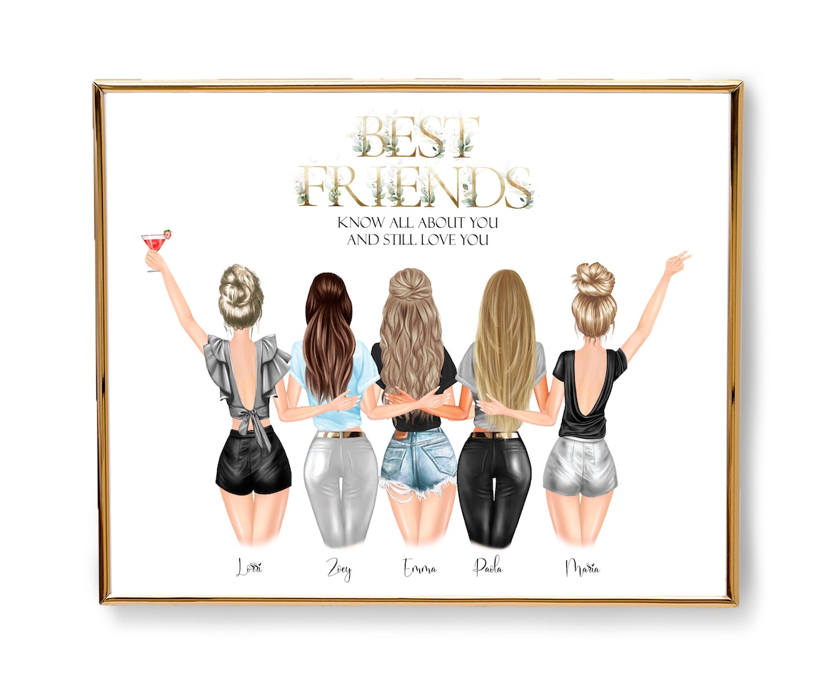 Custom 5 Best Friends Drawing Five Besties Illustration 5 | Etsy
