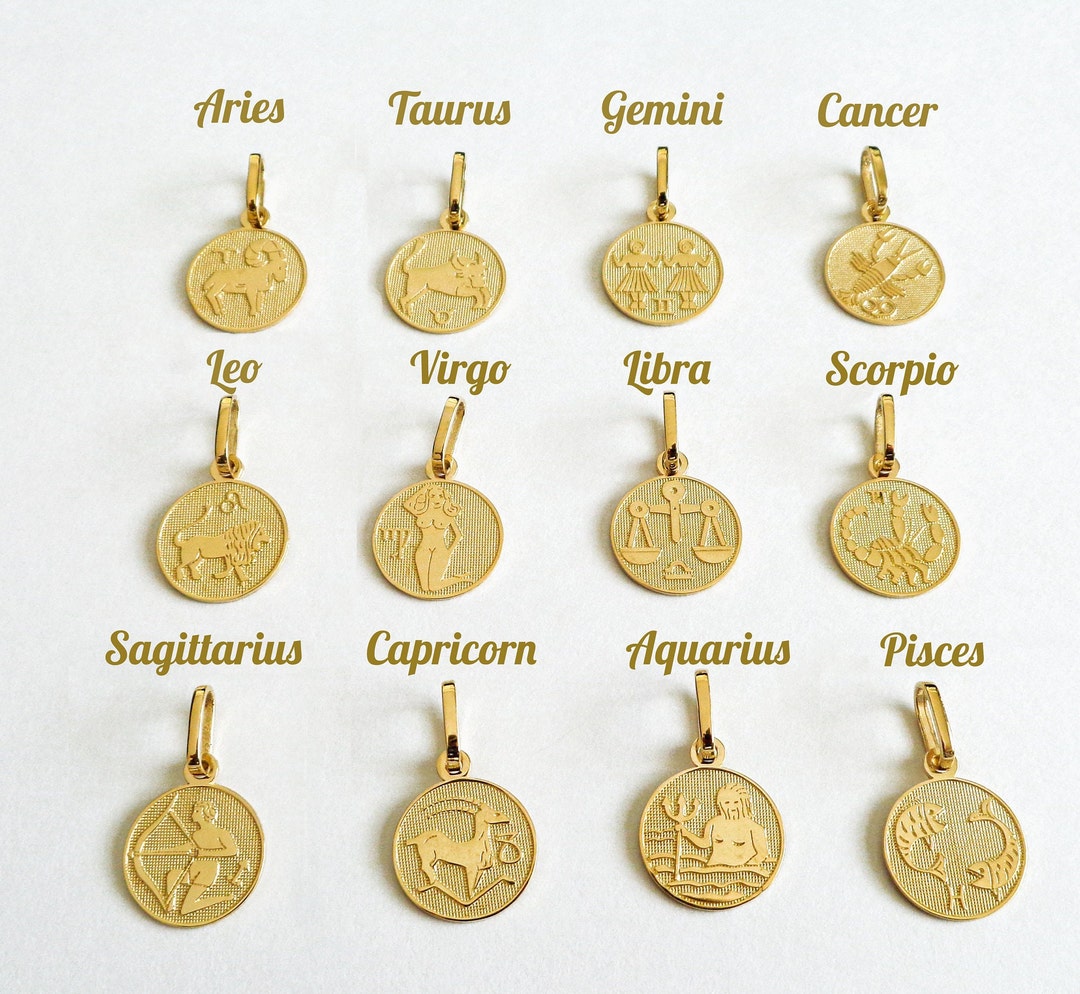 Real 10K Solid Gold Astrology Coin Charm, Zodiac Coin Necklace ...