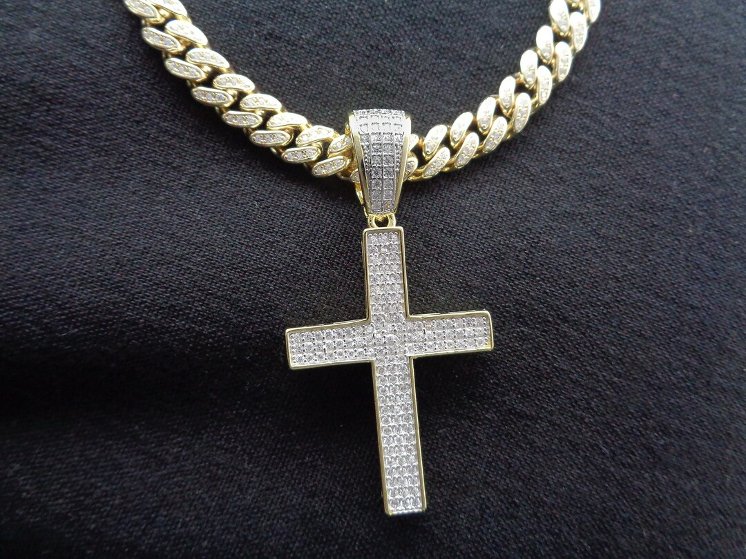 Men's Miami Cuban Link Cross Necklace, 18K Gold 5X Layered Cuban Chain ...