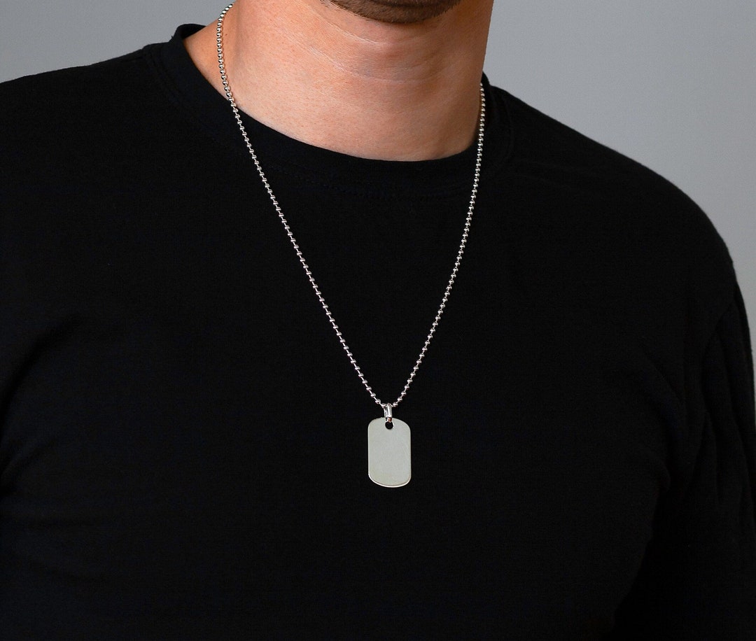 Plain Silver Dog Tag Chain Necklace, Solid Sterling Silver Tag on Ball ...