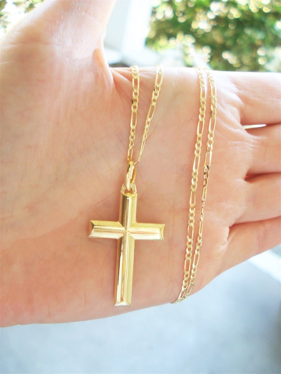 10K Gold Cross Necklace Real Yellow Gold Mens Cross Pendant Gold Figaro Chain Holy Communion Gift Christian Jewelry Gift for Birthday Etsy