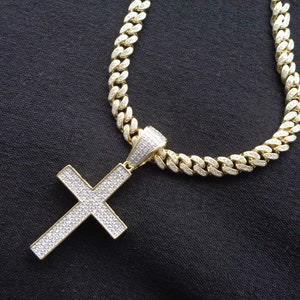 Men's Miami Cuban Link Cross Necklace, 18K Gold 5X Layered Cuban Chain ...