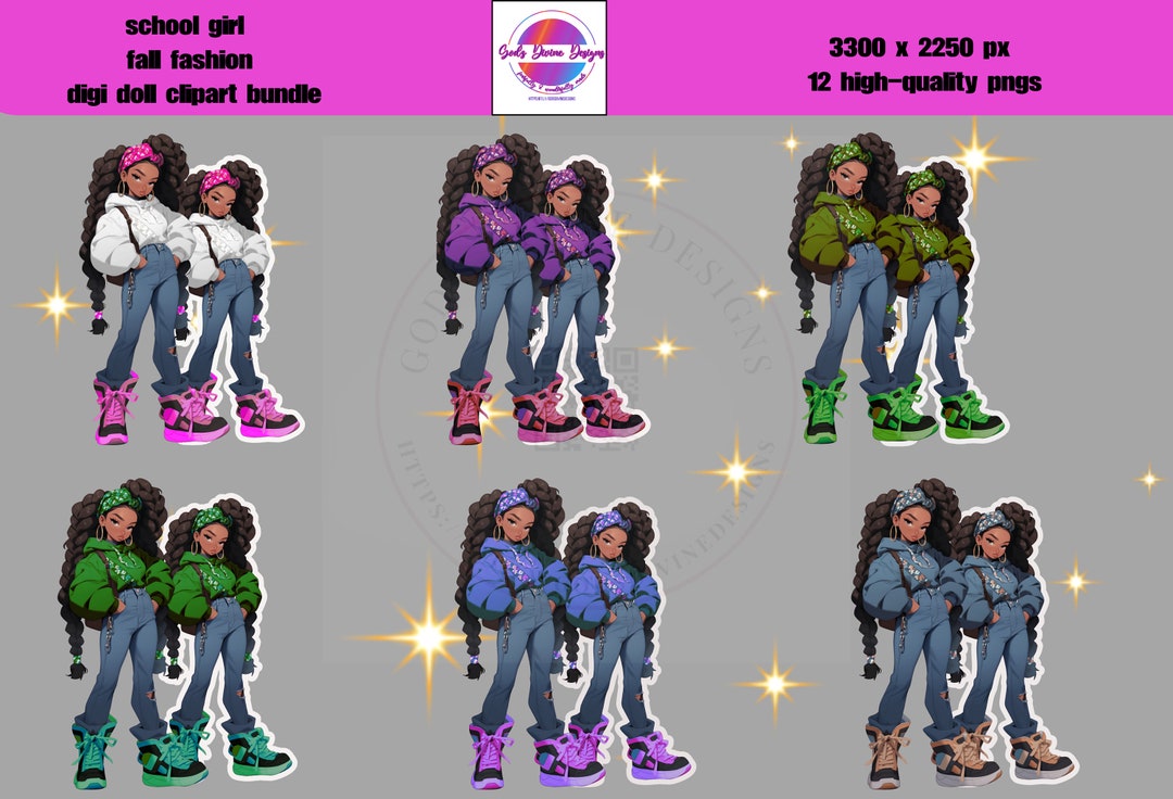 School Girls Fashion Digi Doll Clipart Bundle Premium PNG Digital ...