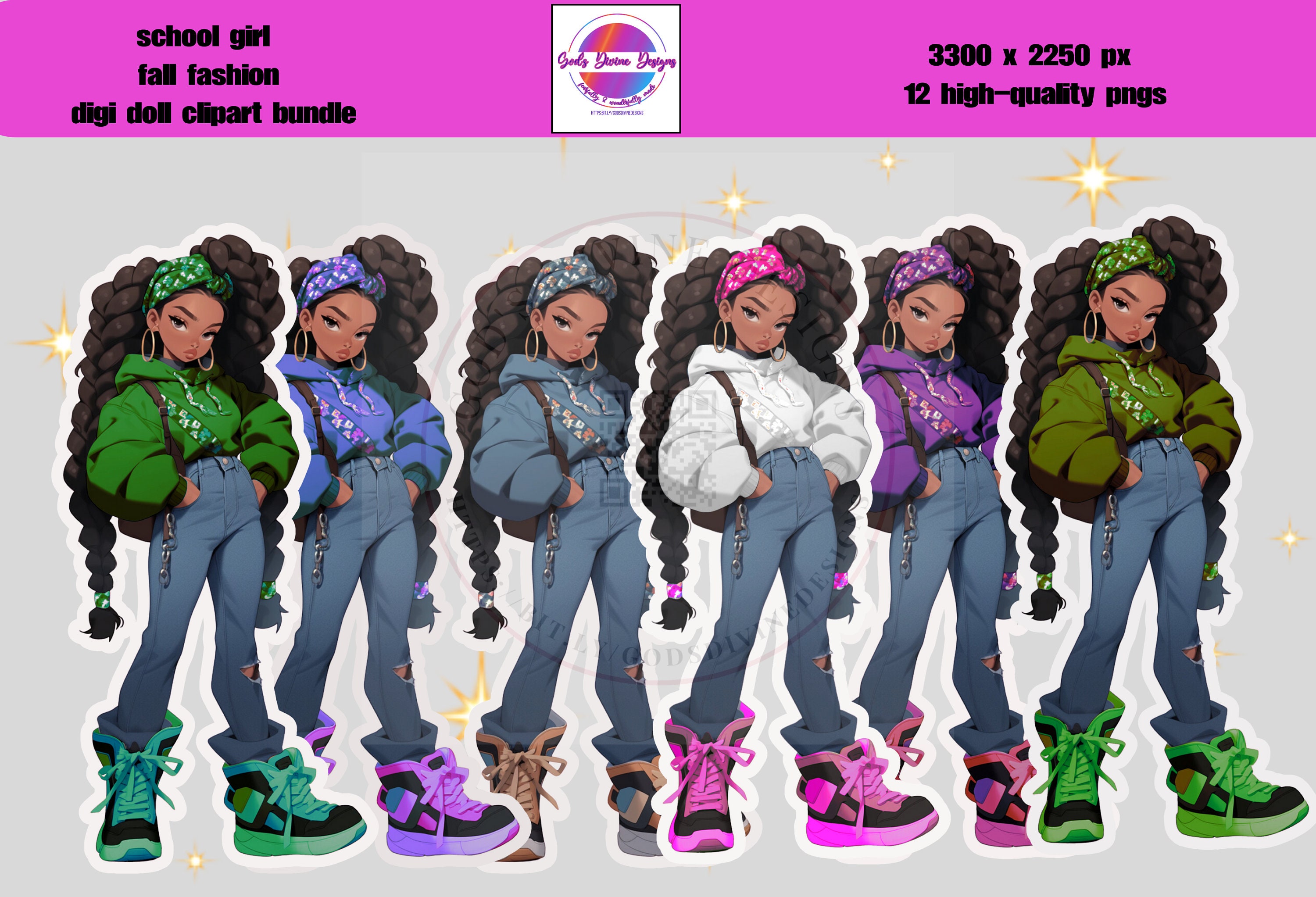 School Girls Fashion Digi Doll Clipart Bundle Premium PNG Digital ...