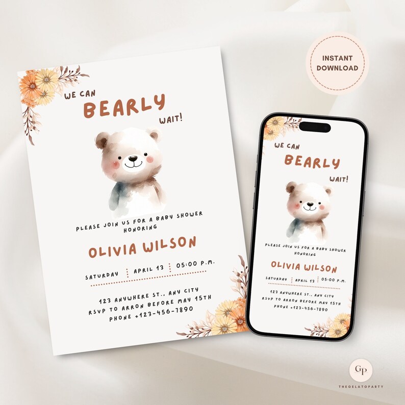 EDITABLE Bear Baby Shower Invitation Template Digital Invitation Teddy ...