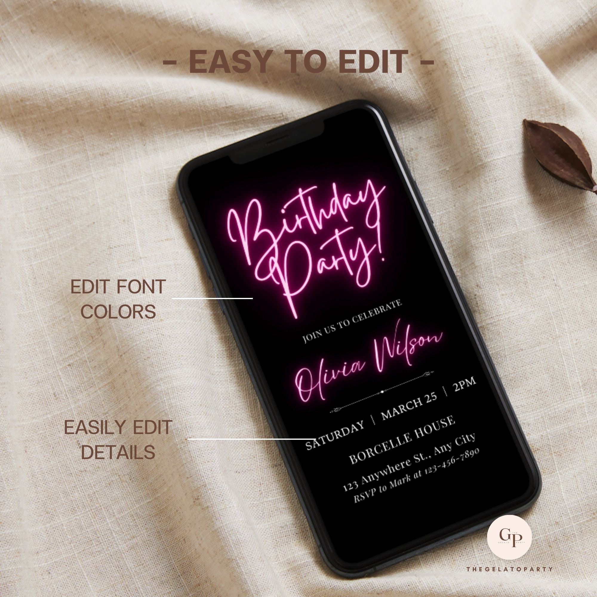 EDITABLE Neon Light Birthday Party Invitation Birthday Invitation ...