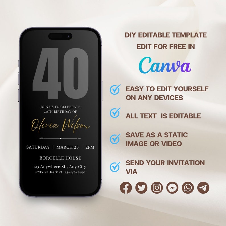 Editable 40th Birthday Party Invitation Birthday Invitation Animated ...
