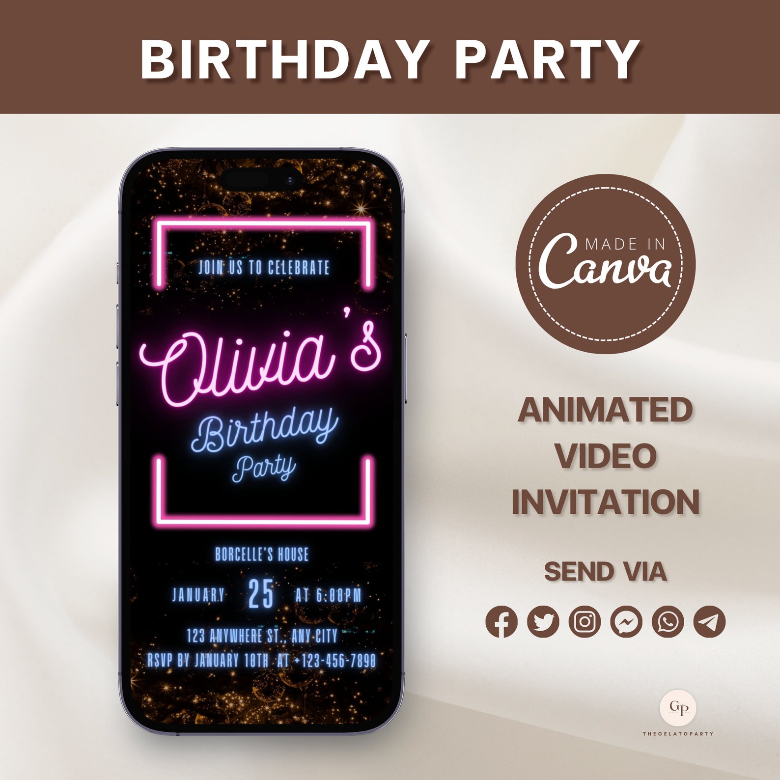 EDITABLE Neon Light Birthday Party Invitation Birthday Invitation ...