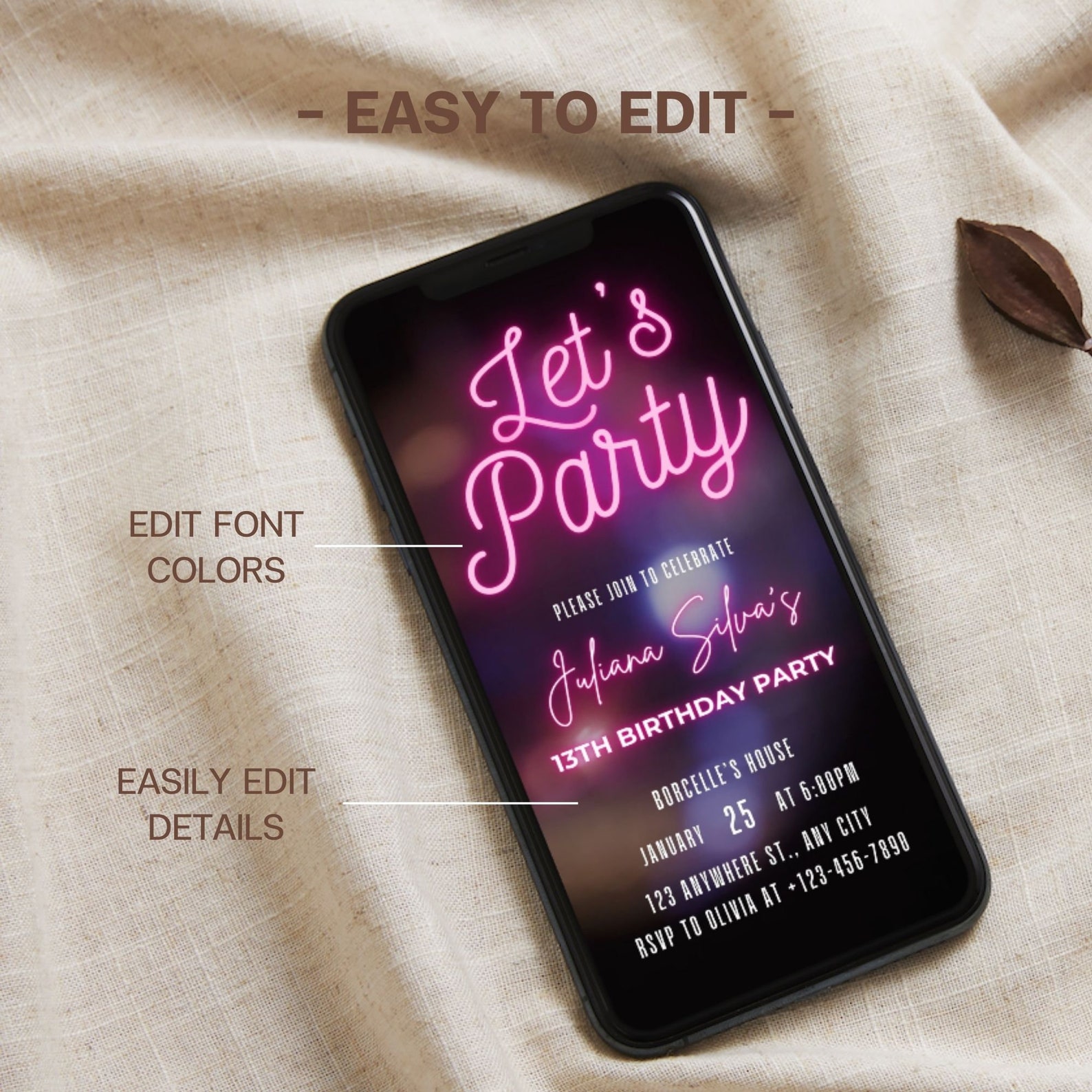 Editable Neon Light Let's Party Birthday Invitation Birthday Invitation ...