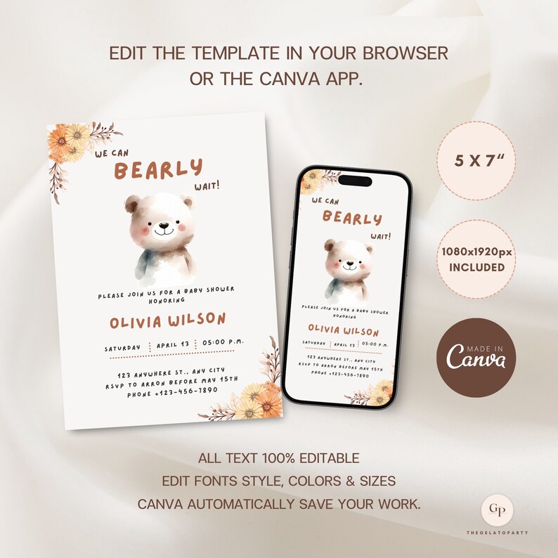 EDITABLE Bear Baby Shower Invitation Template Digital Invitation Teddy ...