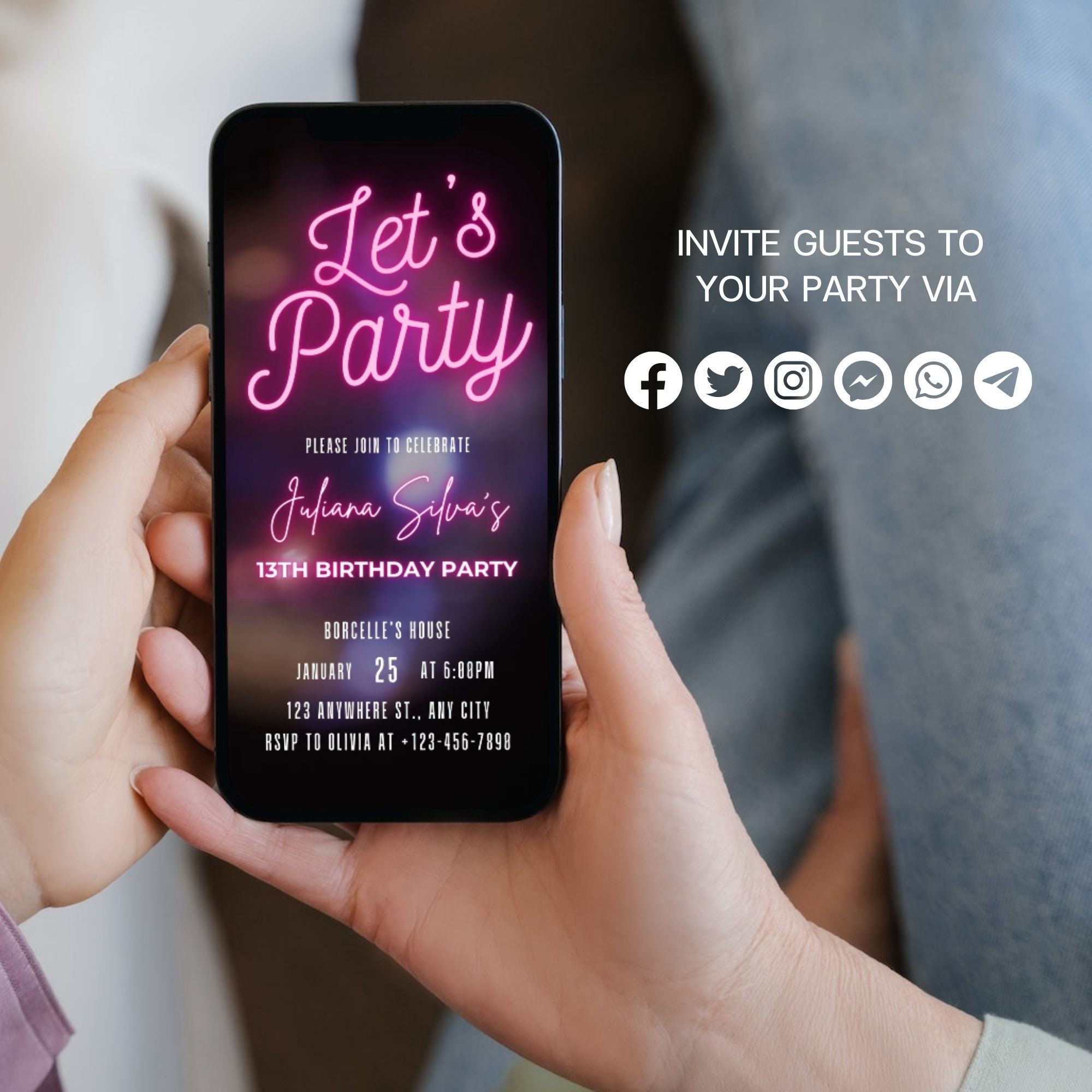 Editable Neon Light Let's Party Birthday Invitation Birthday Invitation ...