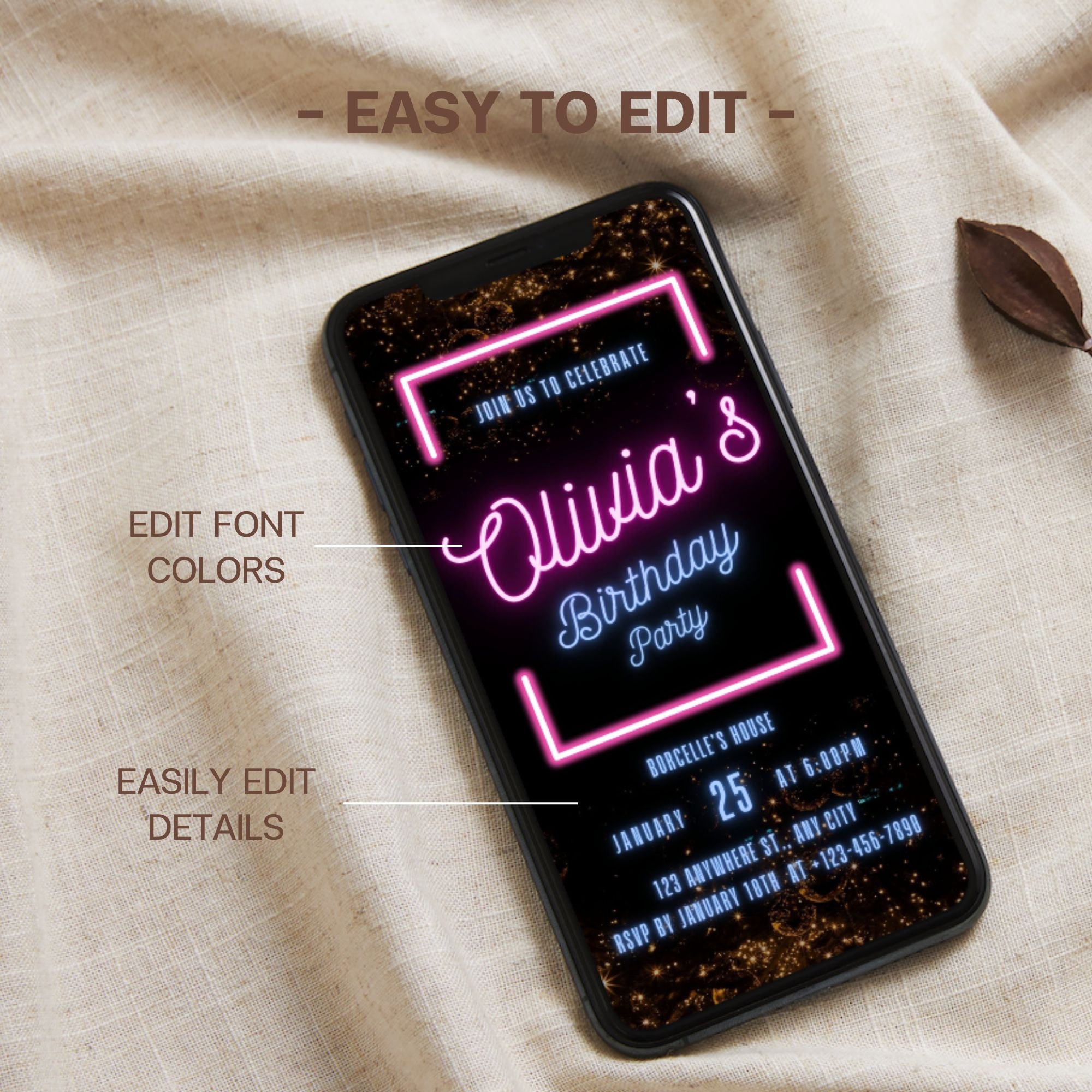 EDITABLE Neon Light Birthday Party Invitation Birthday Invitation ...