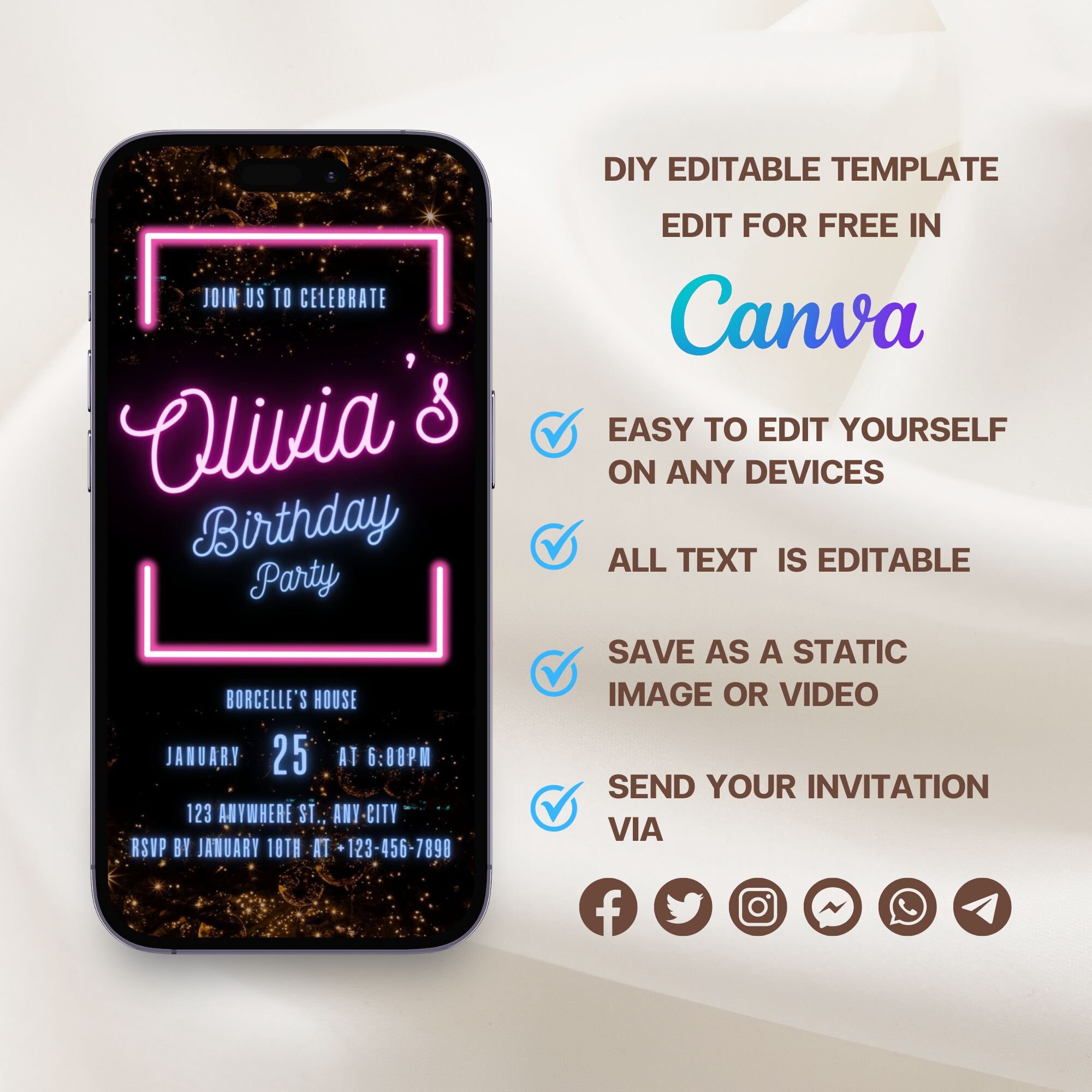 EDITABLE Neon Light Birthday Party Invitation Birthday Invitation ...