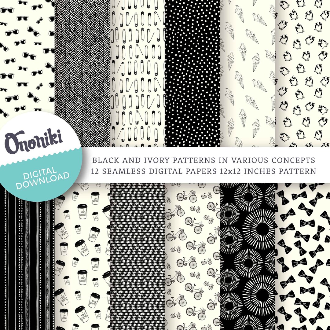 Ivory and Black Contemporary Shapes Seamless Digital Papers, Abstract ...