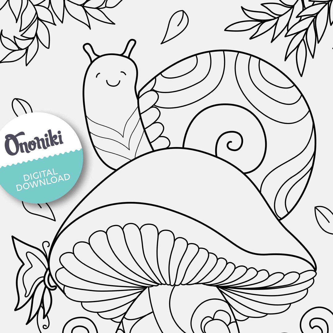 Cute Snail Sitting on Mushroom Coloring Page | Printable Fantasy Art ...