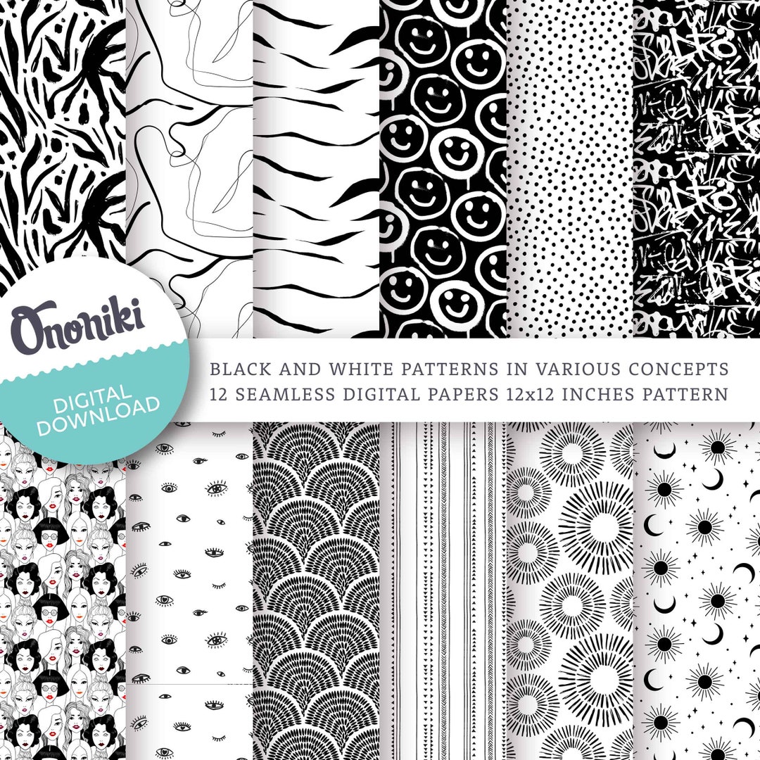 Black and White Seamless Digital Papers, Abstract Geometric Patterns in ...