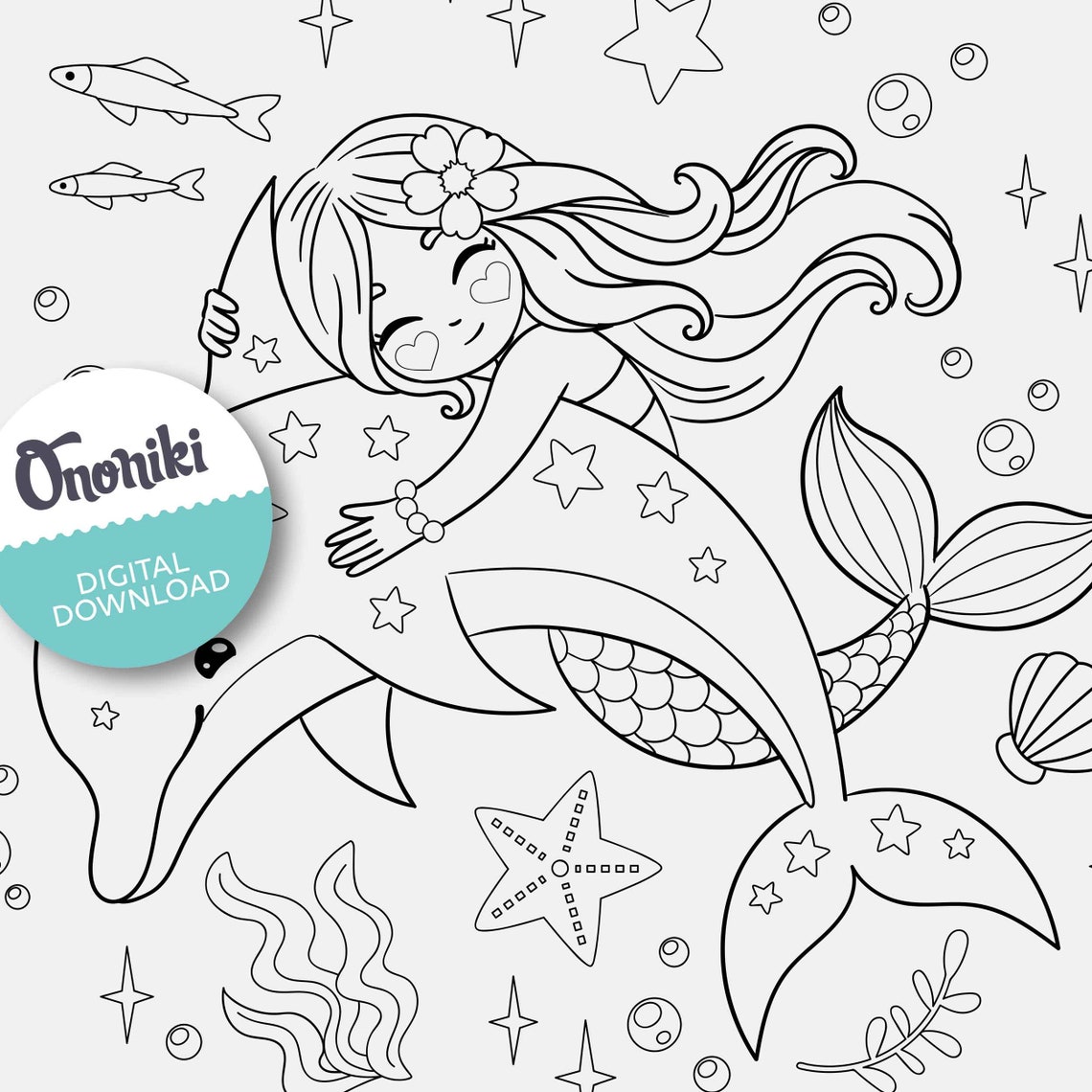 Cute Mermaid and Dolphin Coloring Sheet | Printable Ocean Art for Kids ...