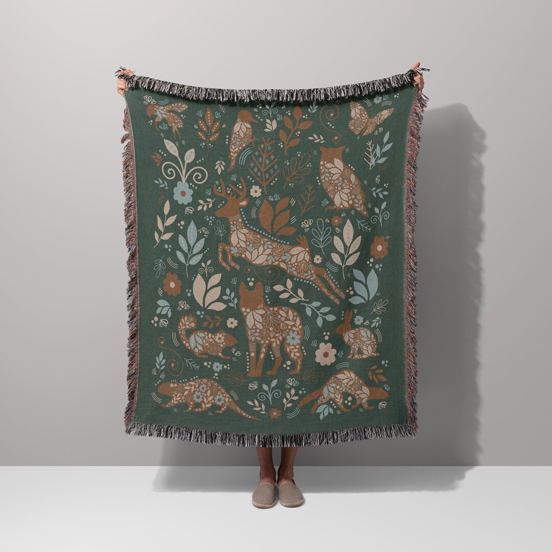 Norwegian Folk Art Woodland Creatures Woven Throw Blanket Scandinavian ...