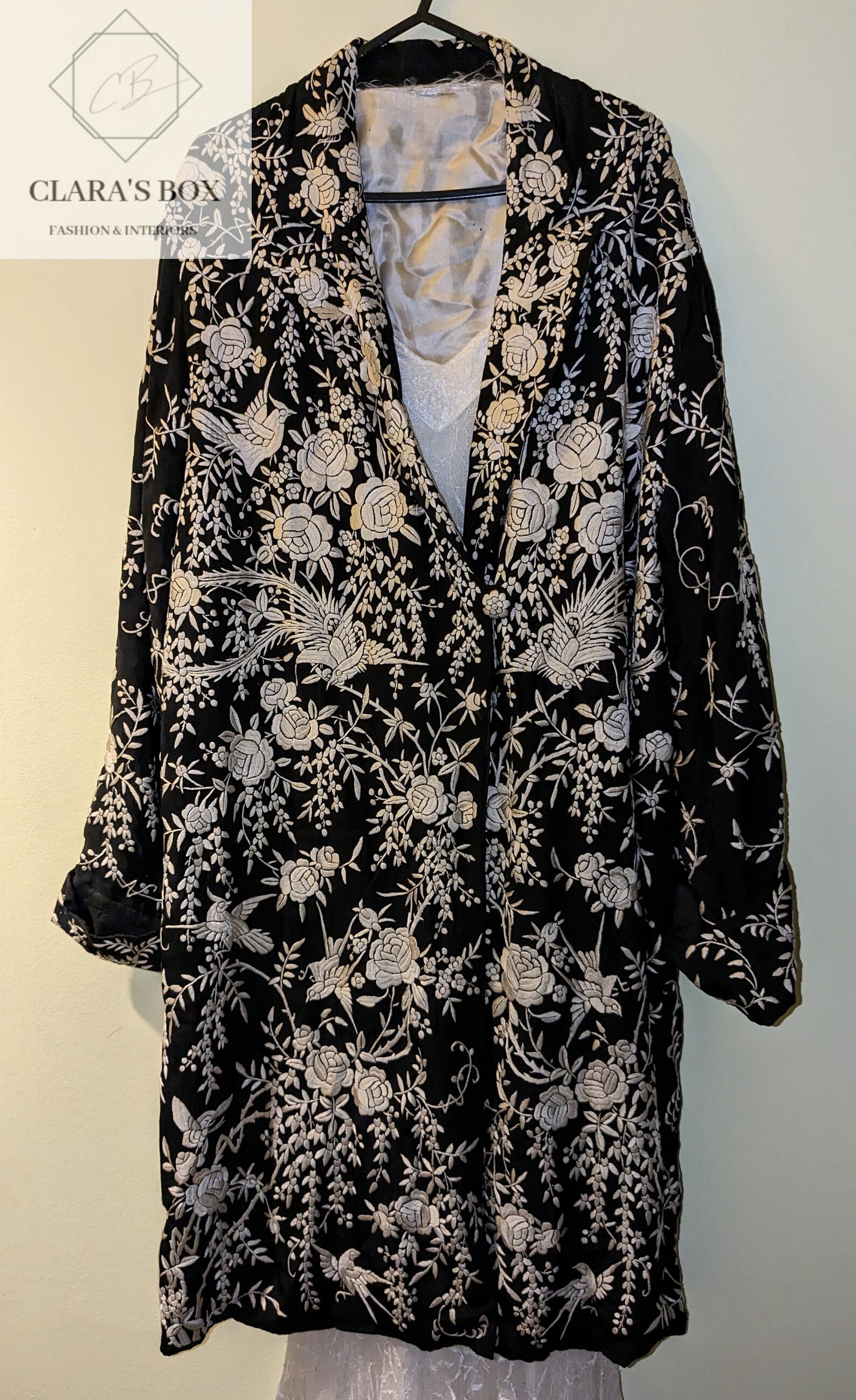 1920s Chinese Embroidered Duster Coat Jacket, Birds and Foliage on Silk ...