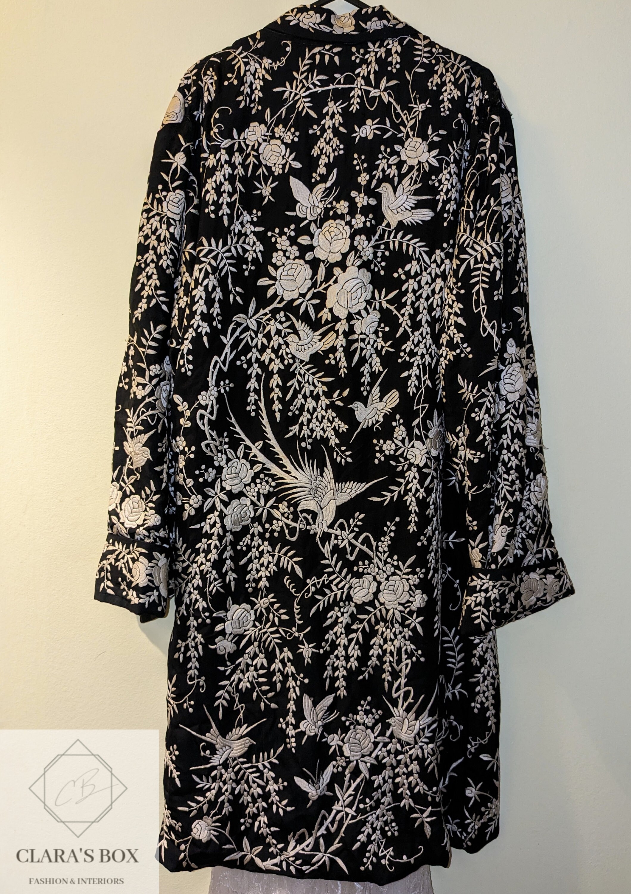 1920s Chinese Embroidered Duster Coat Jacket, Birds and Foliage on Silk ...