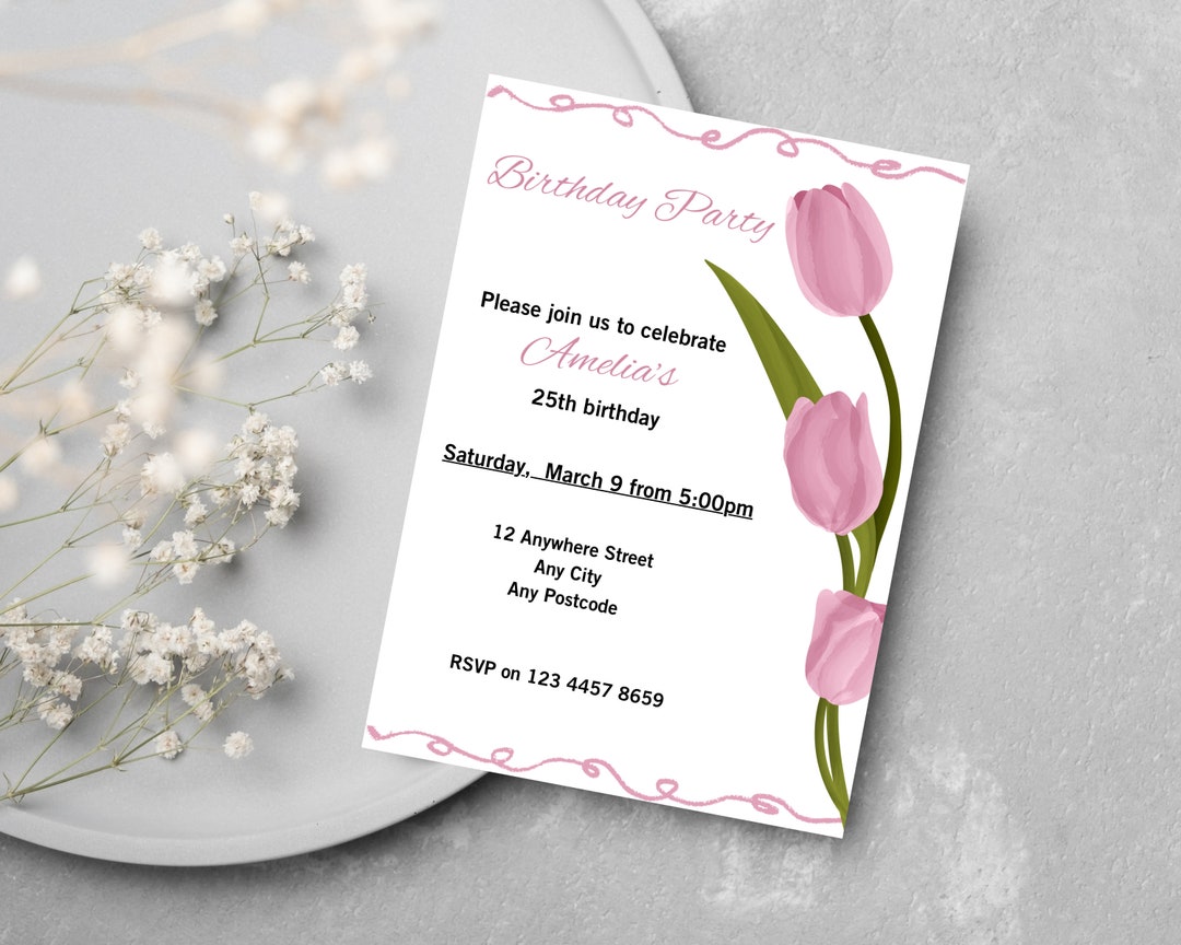 Editable Tulips Birthday Party Invitation, Women Birthday Invite, Pink ...