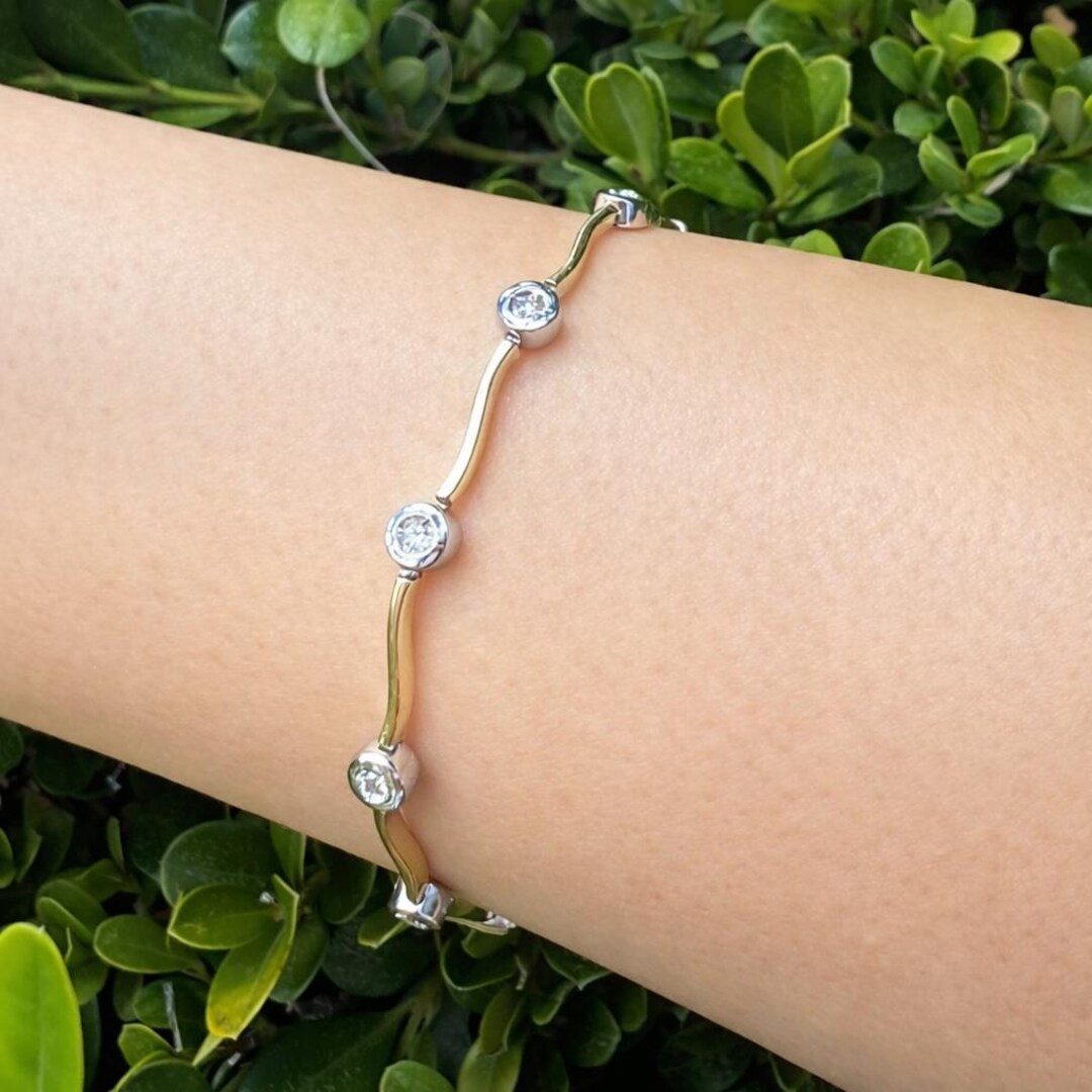 10k Gold Diamond Bracelet | Two-tone Bezel Set, 0.24ct - Etsy