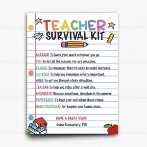Printable Back to School Teacher Survival Kit Tag. Teacher Gift ...