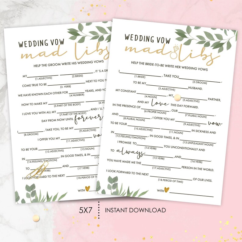 Bridal Shower Games. Wedding Vow Mad Libs. Bride and Groom - Etsy