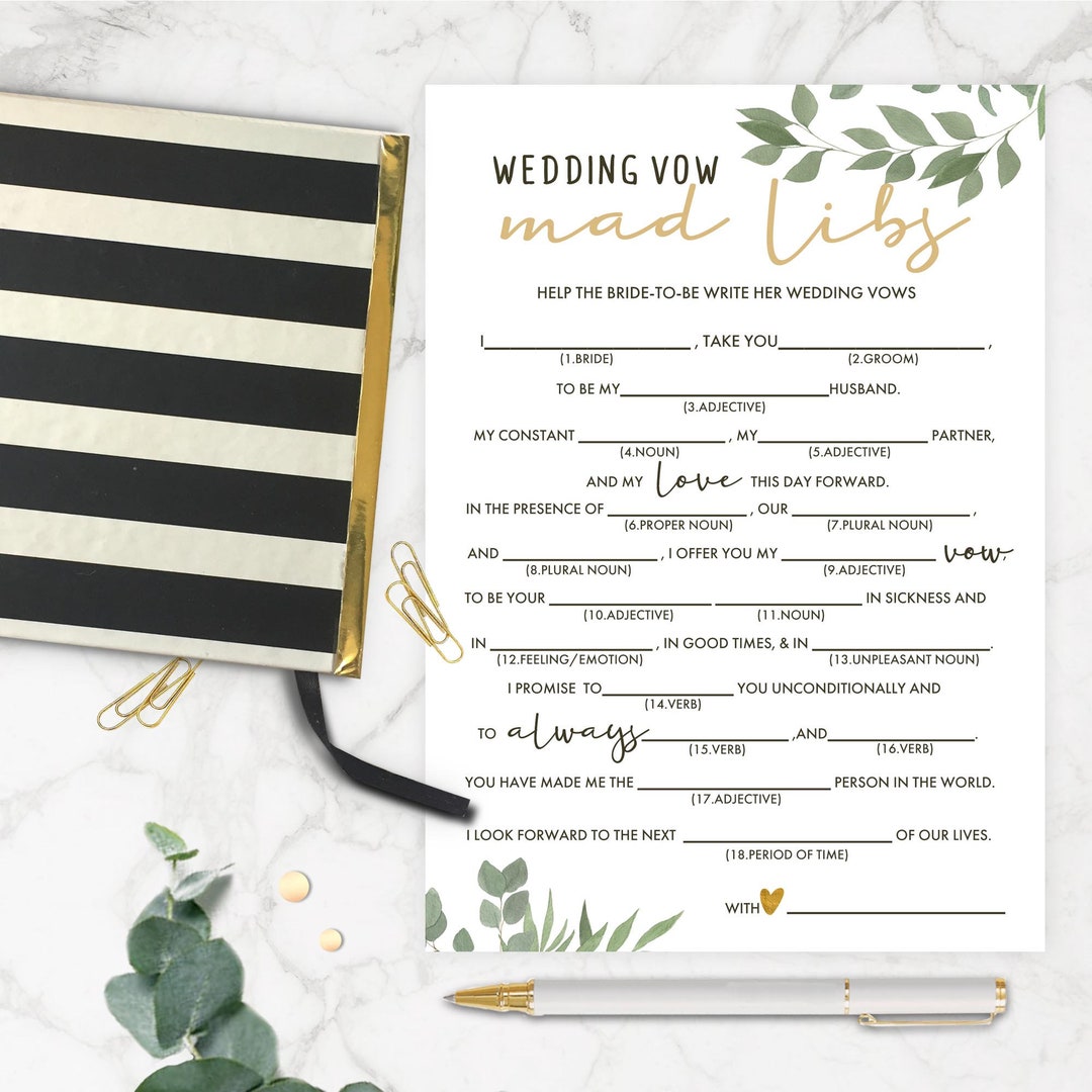 Bridal Shower Games. Wedding Vow Mad Libs. Greenery. Fun Hen Party ...