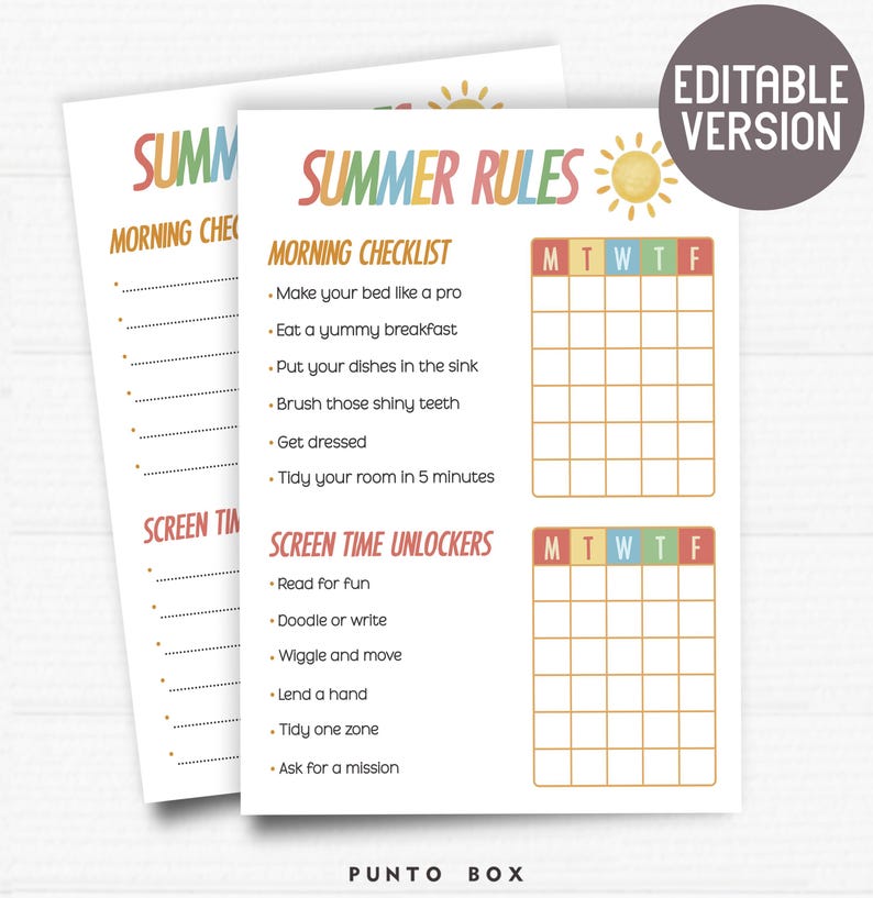 Summer Rules Chart for Kids – Morning Checklist & Screen Time Routine ...