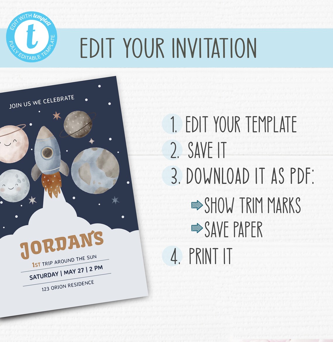 Editable Space Birthday Invitation. 1st Birthday. One Year - Etsy