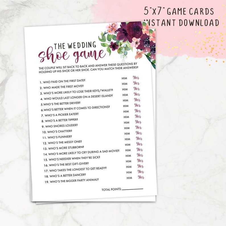 The Wedding Shoe Game. Wedding Cards. Burgundy. Fun Reception - Etsy