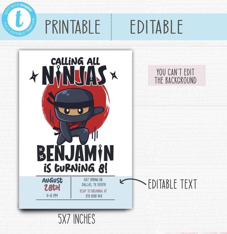 Editable Ninja Party Invitation. Boy Birthday Party. Free - Etsy
