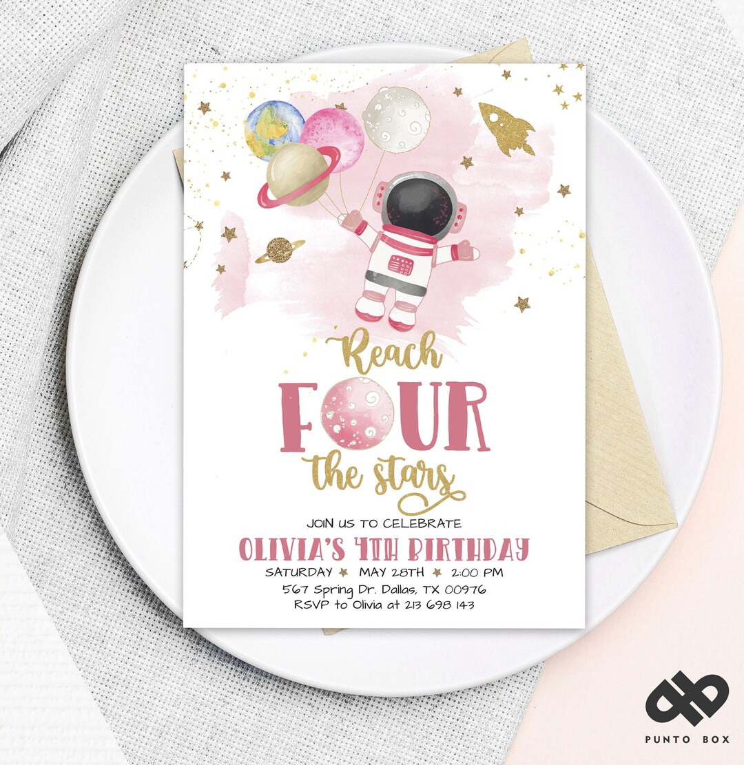 Editable Birthday Fourth Birthday Invitation. Reach Four the Stars ...