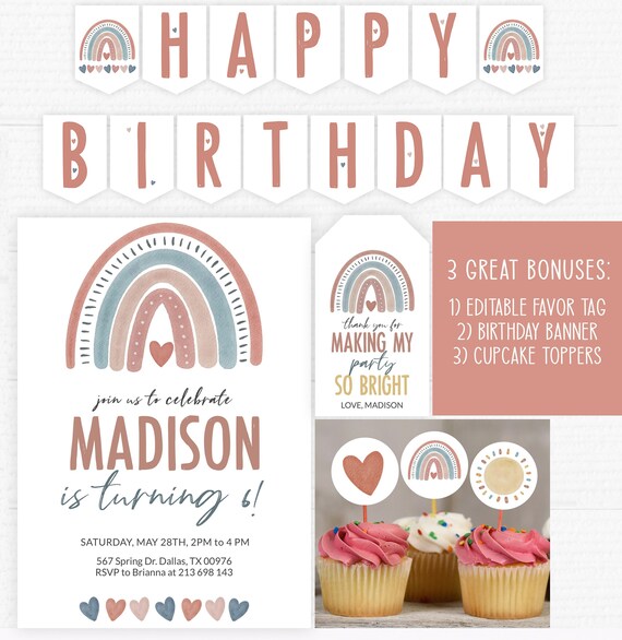 Editable Boho Rainbow Invitation. Birthday Party. Digital Download ...