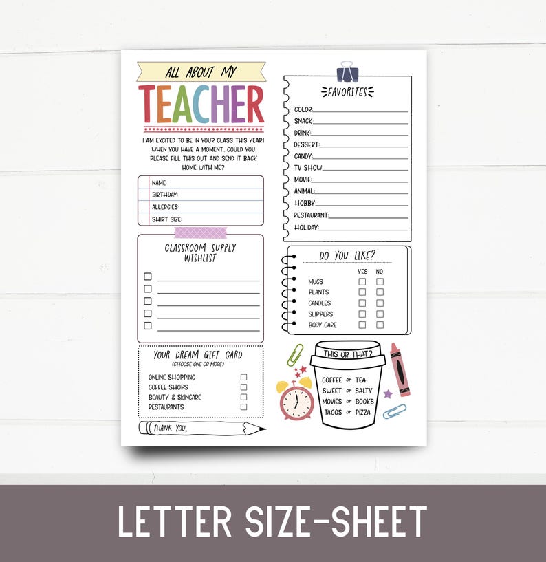 Getting to Know My Teacher Printable | All About My Teacher | Teacher’s ...