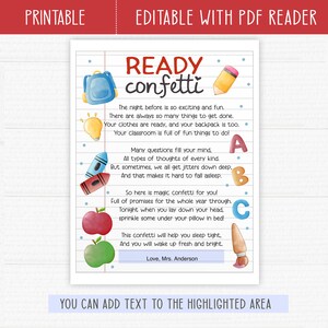Back to School Ready Confetti Printable Poem. First Day of Kindergarten ...