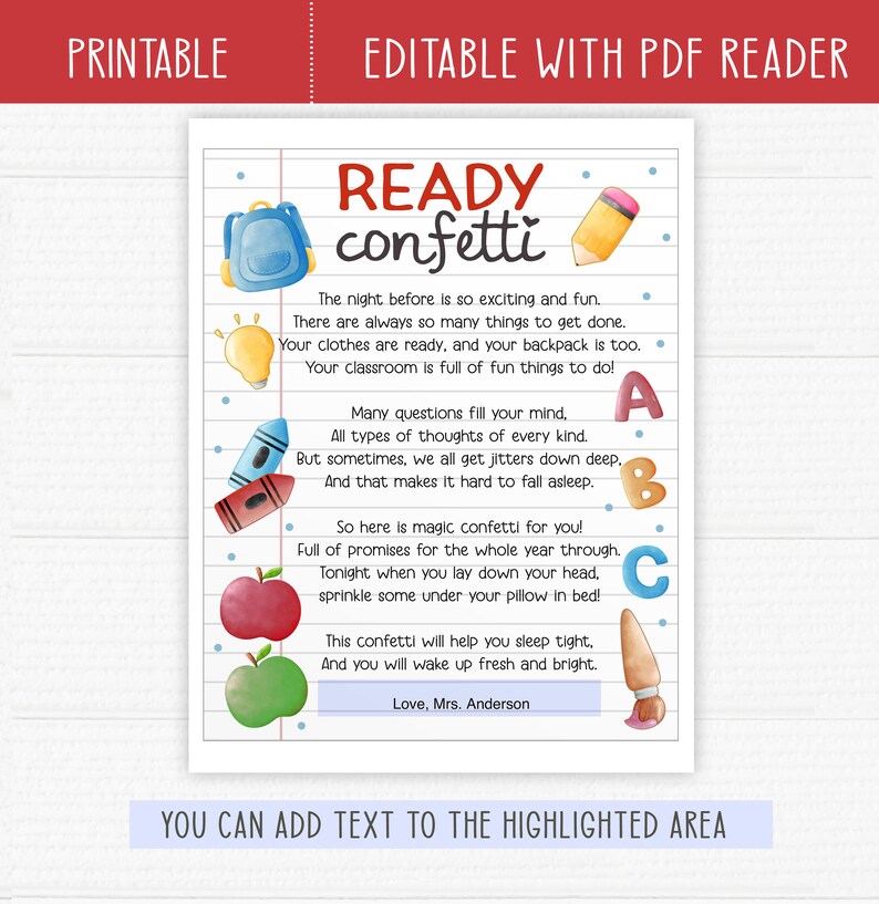 Back to School Ready Confetti Printable Poem. First Day of Kindergarten ...